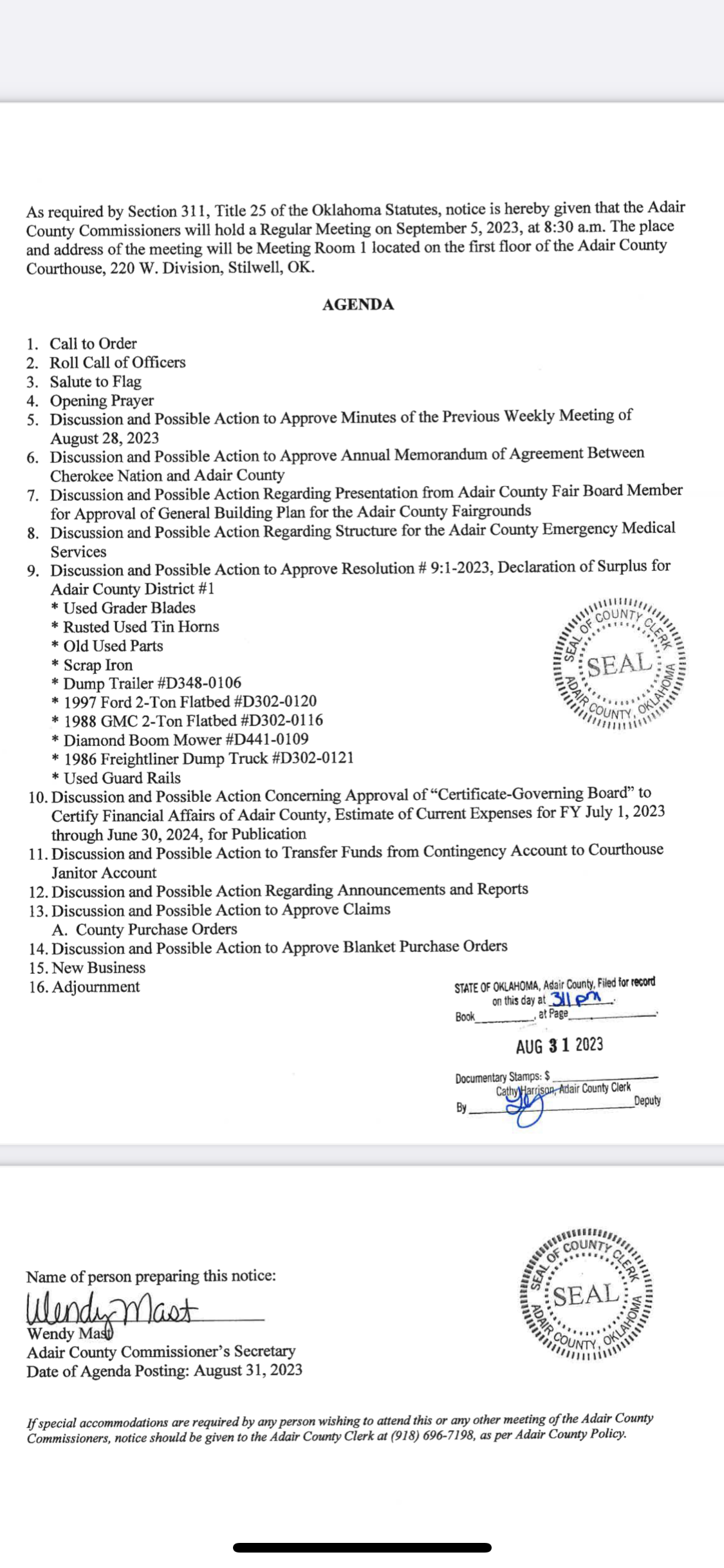 Agenda Sept 5,2023 – Adair County Courthouse