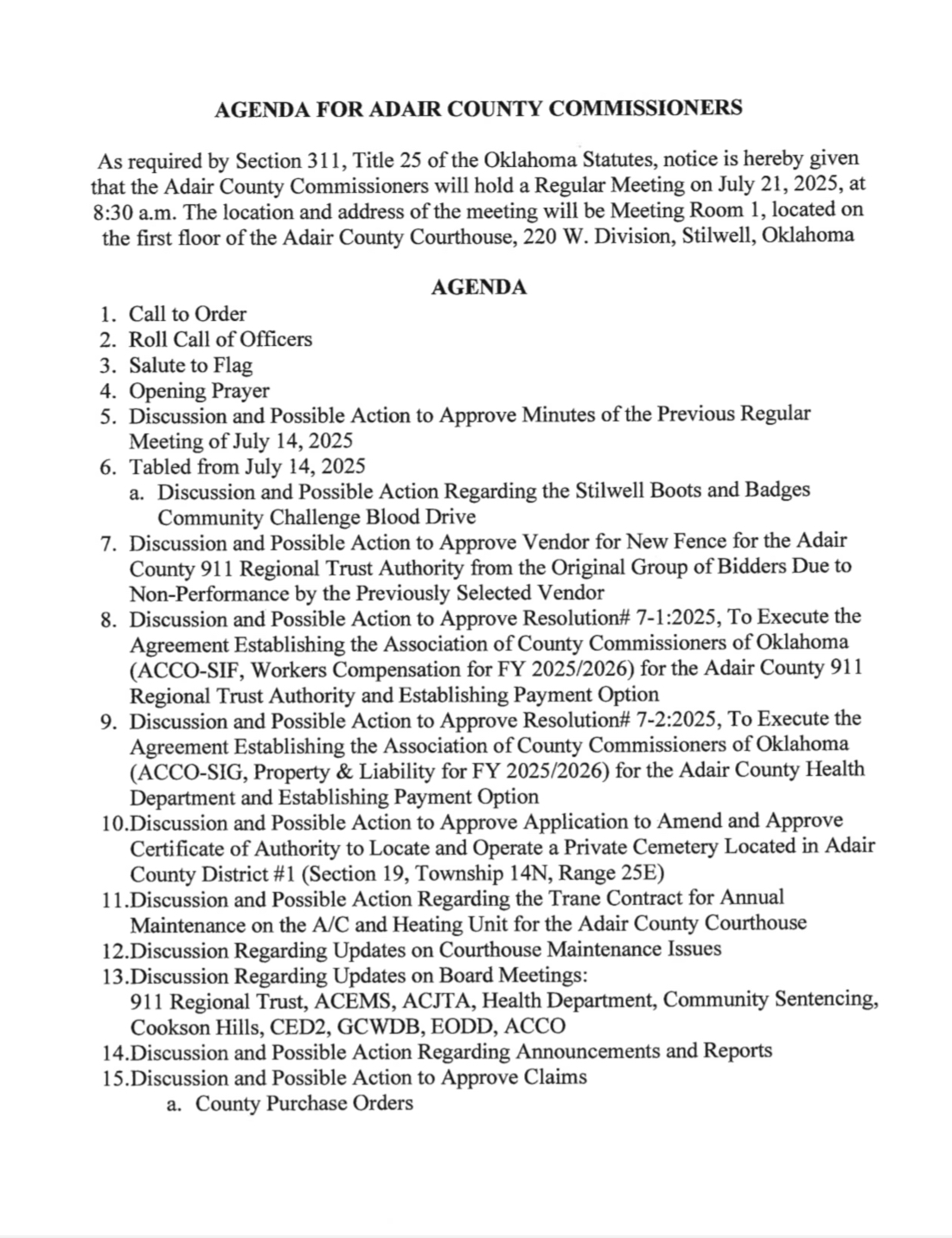 Agenda July 21, 2025 – Adair County Courthouse