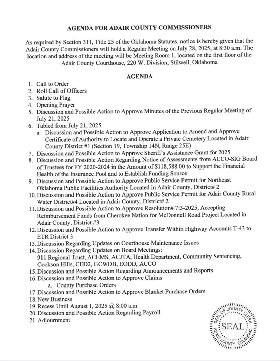 Agenda July 28, 2025 – Adair County Courthouse