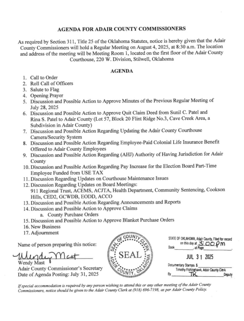 Agenda August 4, 2025 – Adair County Courthouse