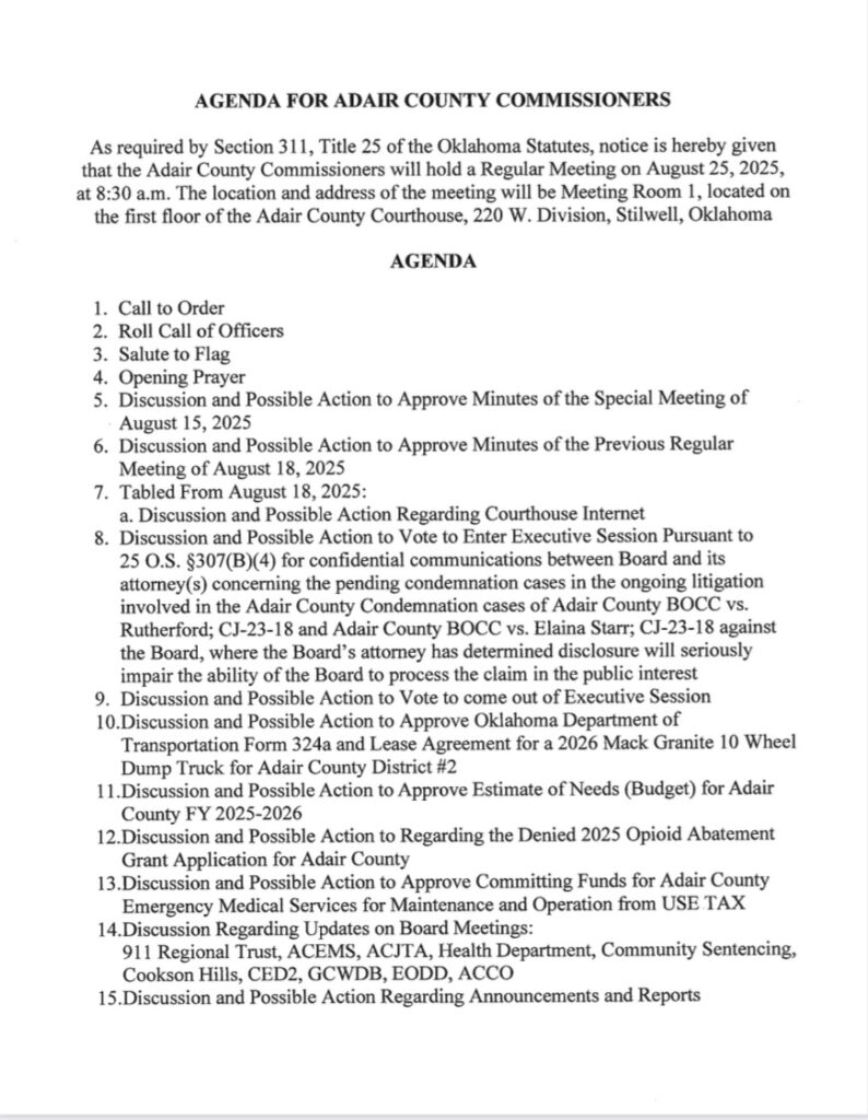 Agenda August 25, 2025 – Adair County Courthouse