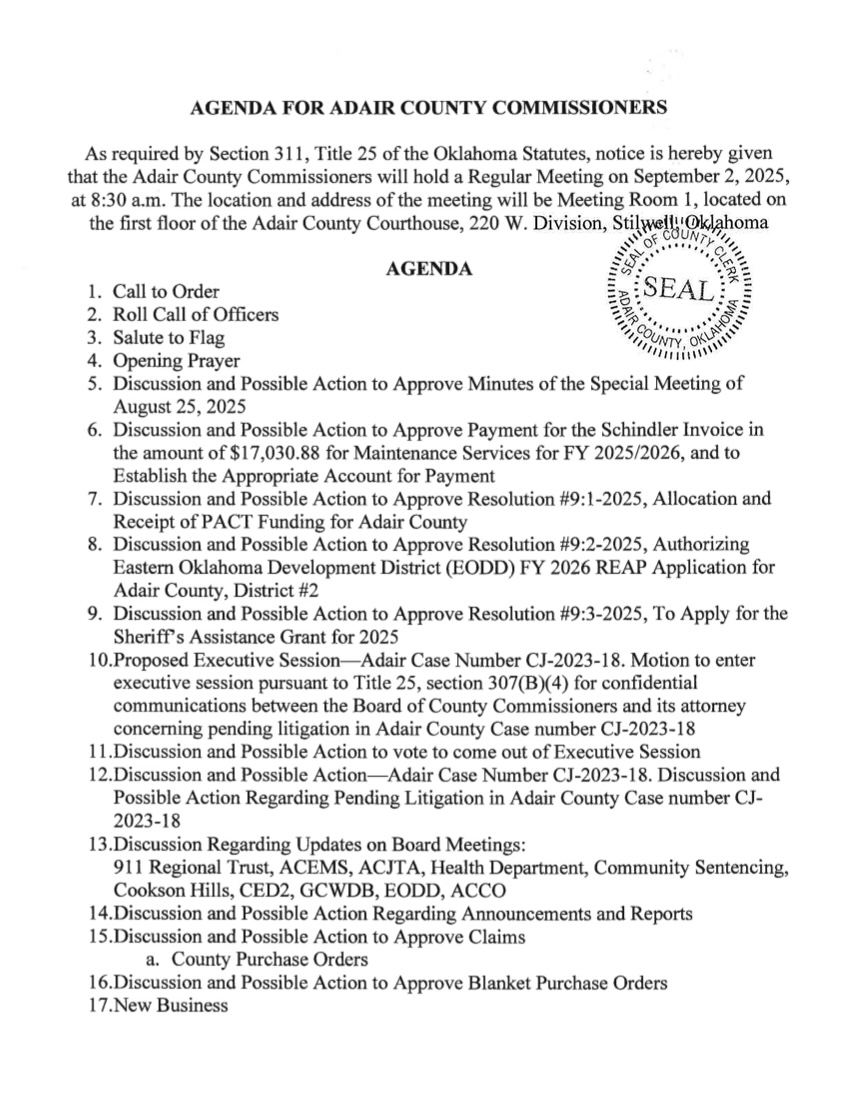 Agenda Sept. 2, 2025 – Adair County Courthouse