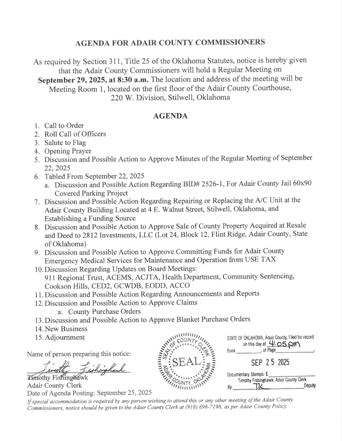 Agenda Sept. 29, 2025 – Adair County Courthouse
