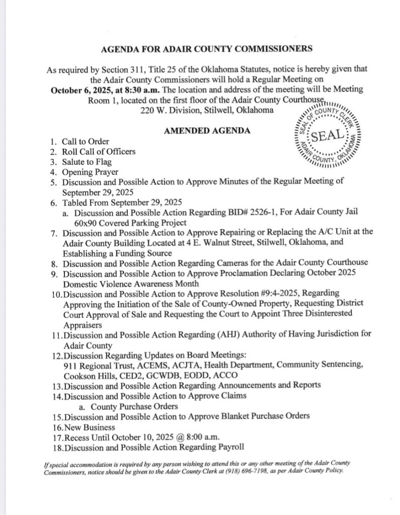Amended Agenda Oct.6, 2025 – Adair County Courthouse