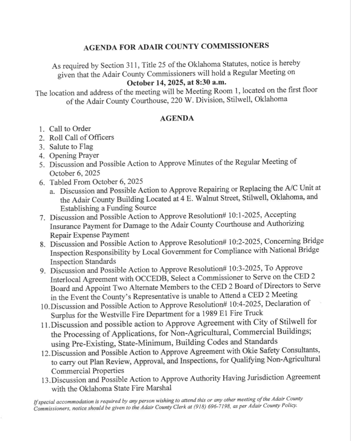 Agenda Oct. 14, 2025 – Adair County Courthouse