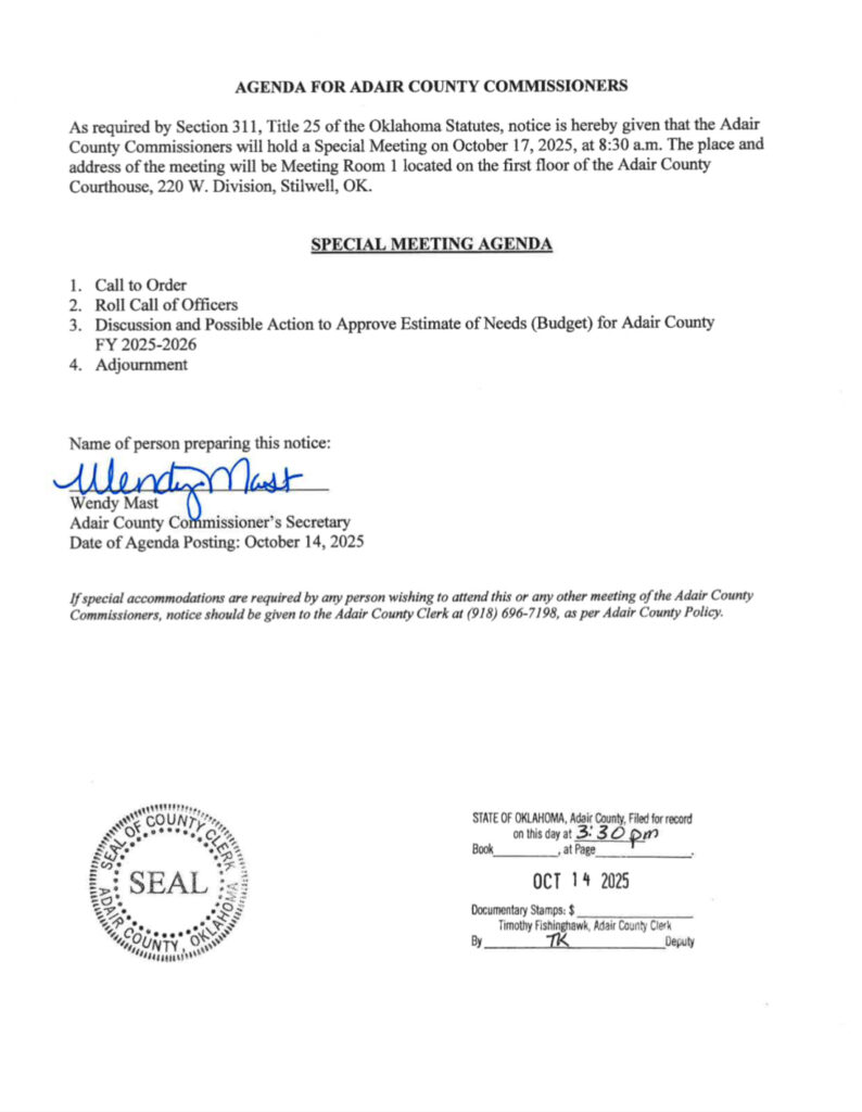 Special Meeting Oct. 17, 2025 – Adair County Courthouse