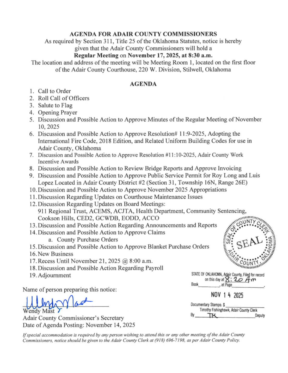 Agenda Nov. 17, 2025 – Adair County Courthouse