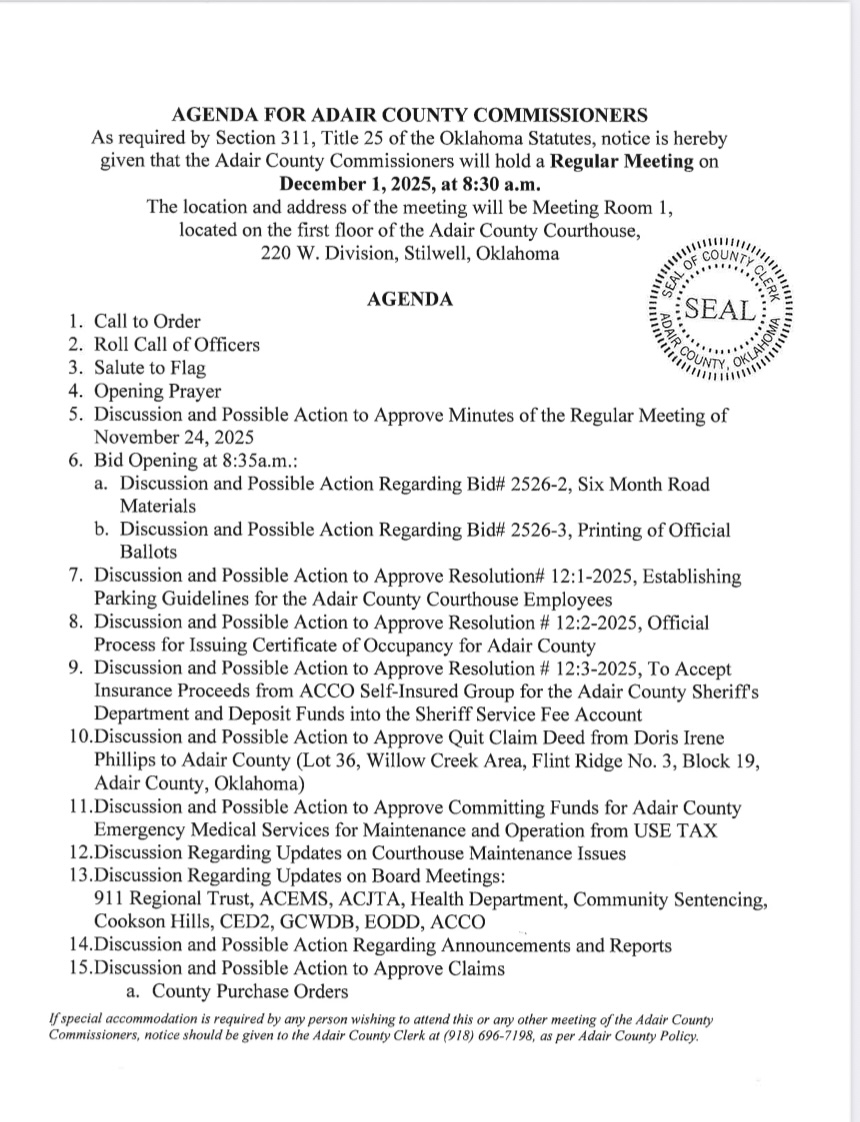 Agenda Dec. 1, 2025 – Adair County Courthouse