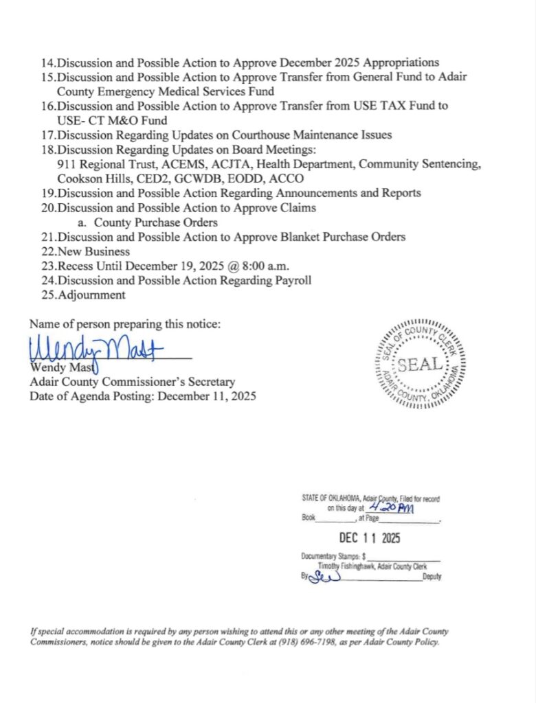 Agenda Dec.,15 2025 – Adair County Courthouse
