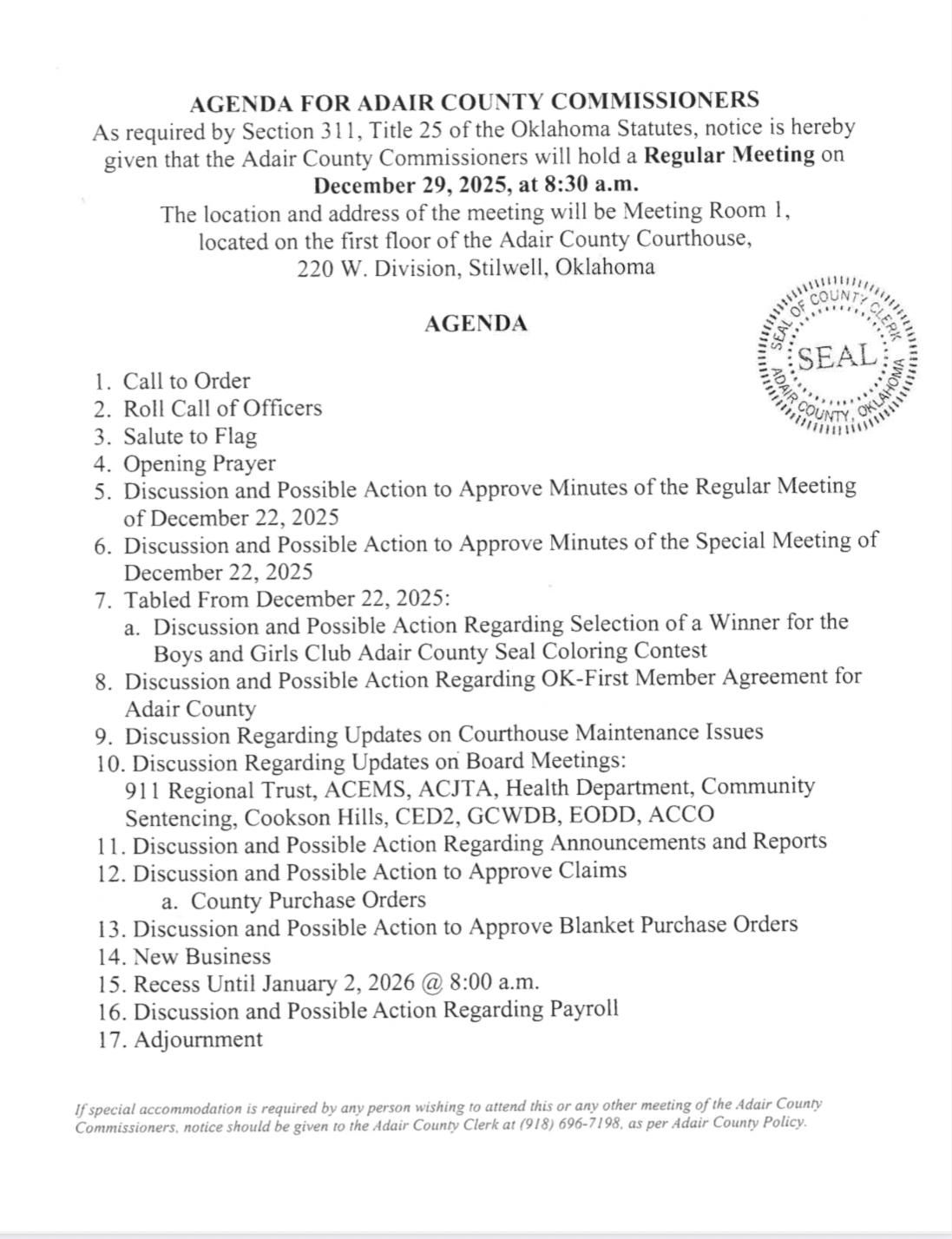 Agenda Dec. 29, 2025 – Adair County Courthouse