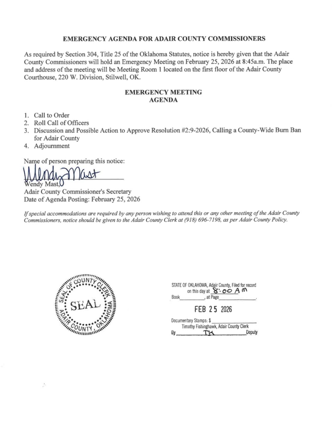 Special Meeting Feb. 25, 2026 – Adair County Courthouse